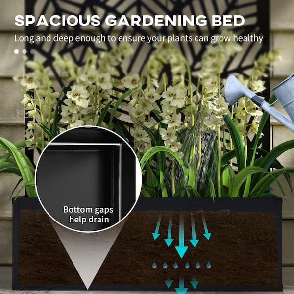 Outsunny Outdoor Privacy Screen with Planter Box, Black, Metal Privacy ...