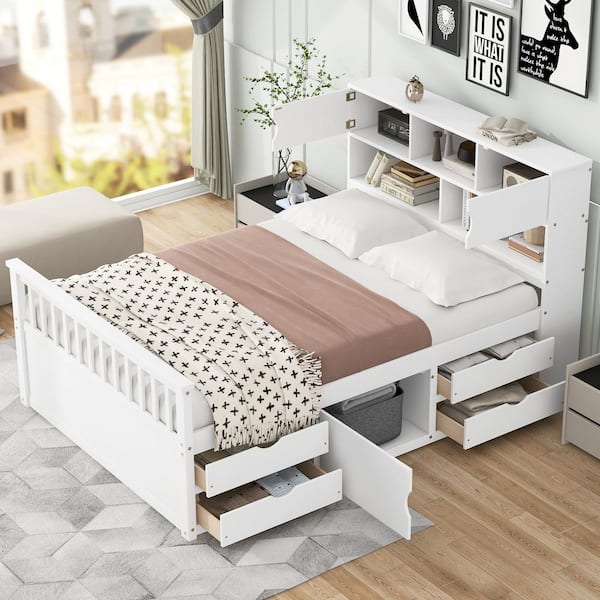 Qualler White Wood Frame Full Platform Bed with Storage Bookcases and ...