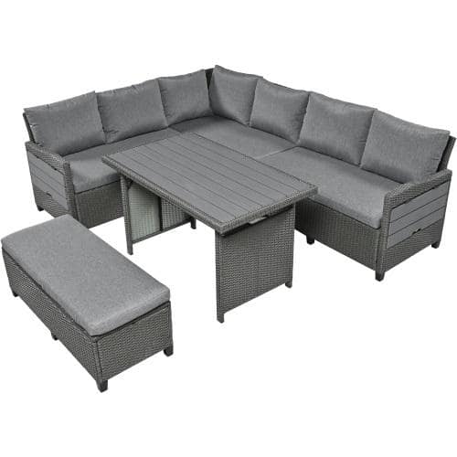 Unbranded Rattan Gray 5 Piece Plastic Wood L Shape Sofa Patio Outdoor Sectional Furniture Set with Cushions Table and Long Bench HDPH034OT008