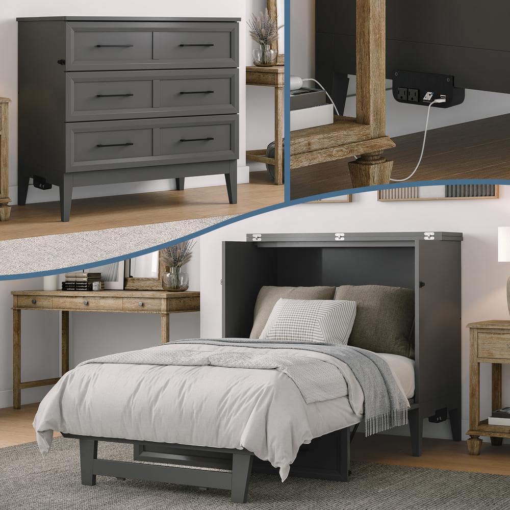 AFI Santa Fe Grey Solid Wood Frame Twin Murphy Bed Chest with Mattress ...