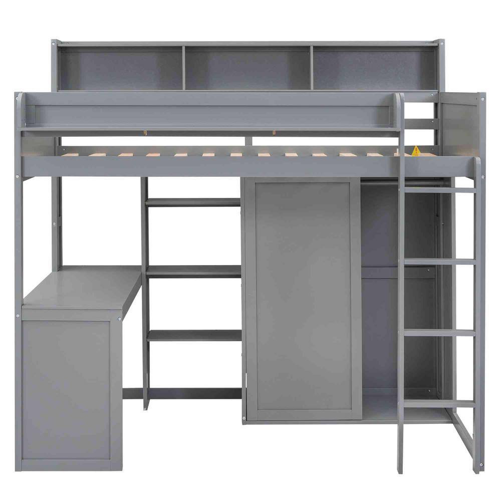 Polibi Wood Twin Size Loft bed with Multiple Storage Shelves and Wardrobe, Gray RS-88305AAEW ...