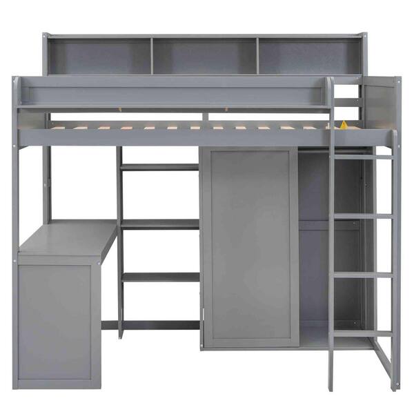 Polibi Wood Twin Size Loft bed with Multiple Storage Shelves and Wardrobe, Gray RS-88305AAEW ...