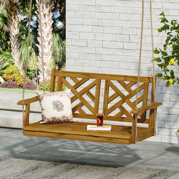 Modern Outdoor Swing 2-Person Porch Swing - Acacia Wood Slat Design ...
