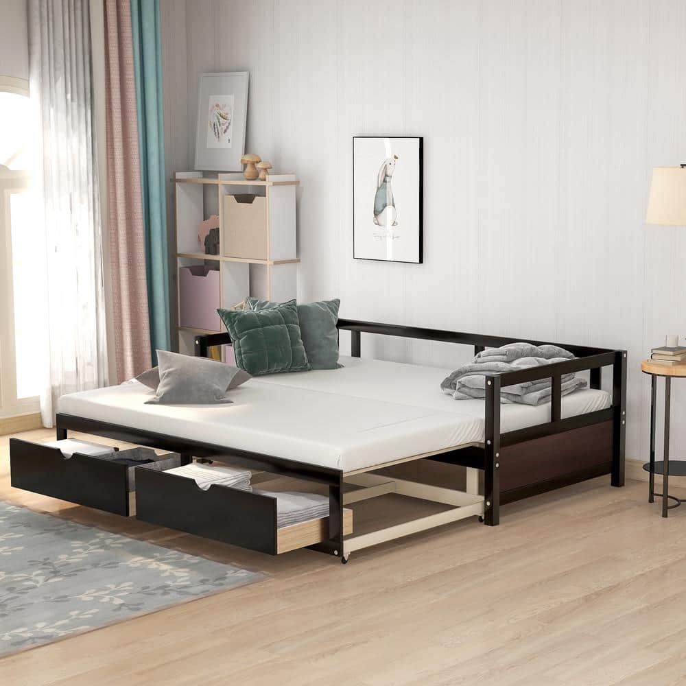 Qualler Espresso Twin Size Extendable Daybed with 2-Drawers BLE194973P ...