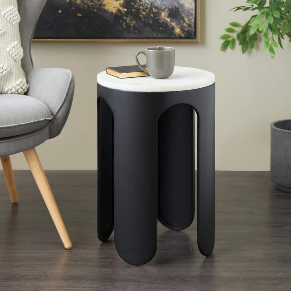 Litton Lane 15 in. Black Round Large Round Metal End Table with White ...