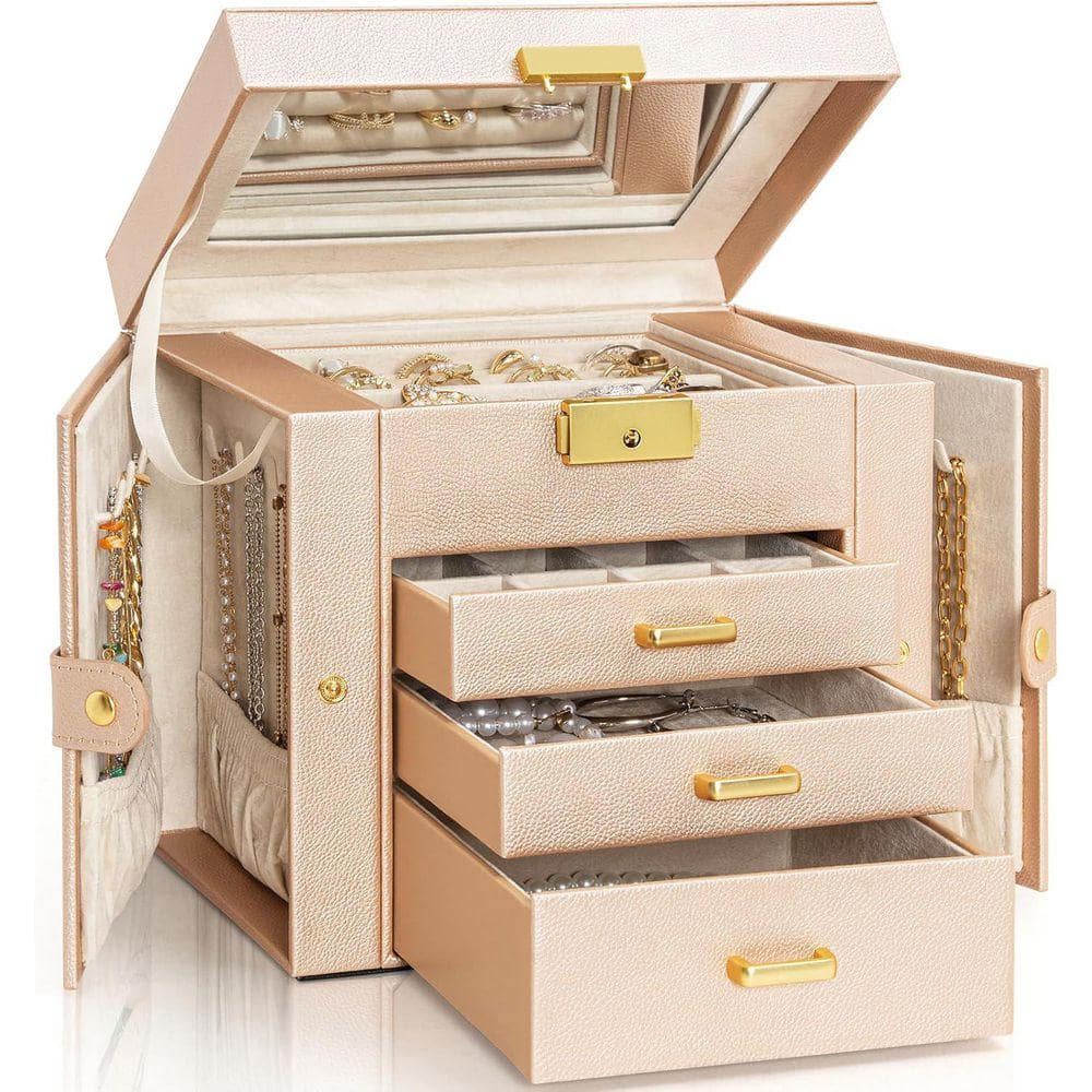 4-Tier Jewelry Box Faux Leather Jewelry Storage Organizer with 3 ...