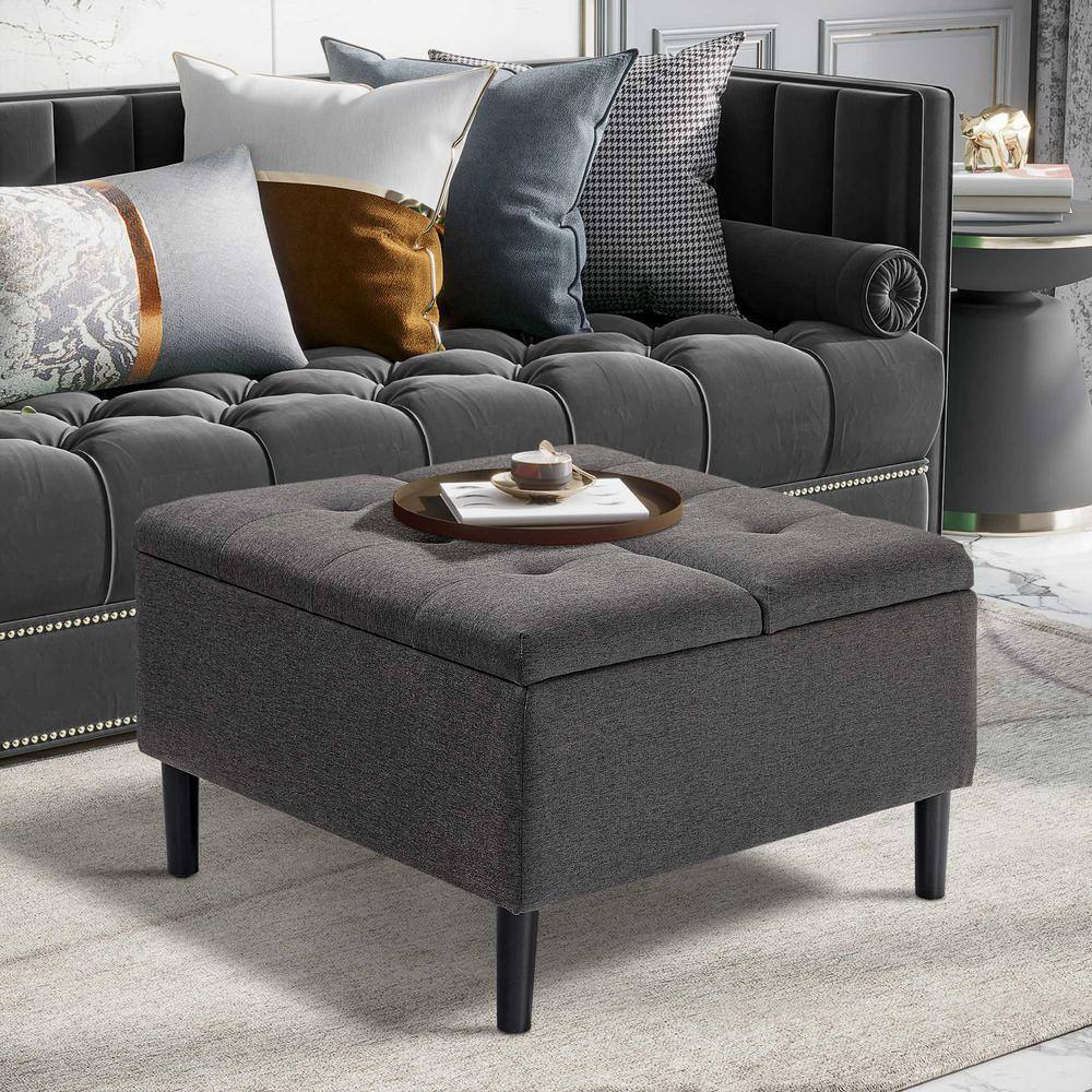 HOMCOM Dark Grey Linen Fabric Square Medium (22-44 in.) Ottoman 838 ...