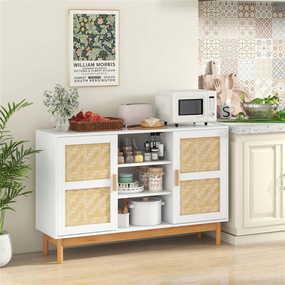 Costway White Wood 48 in. Sideboard Buffet Cabinet with 2 Bamboo Woven ...