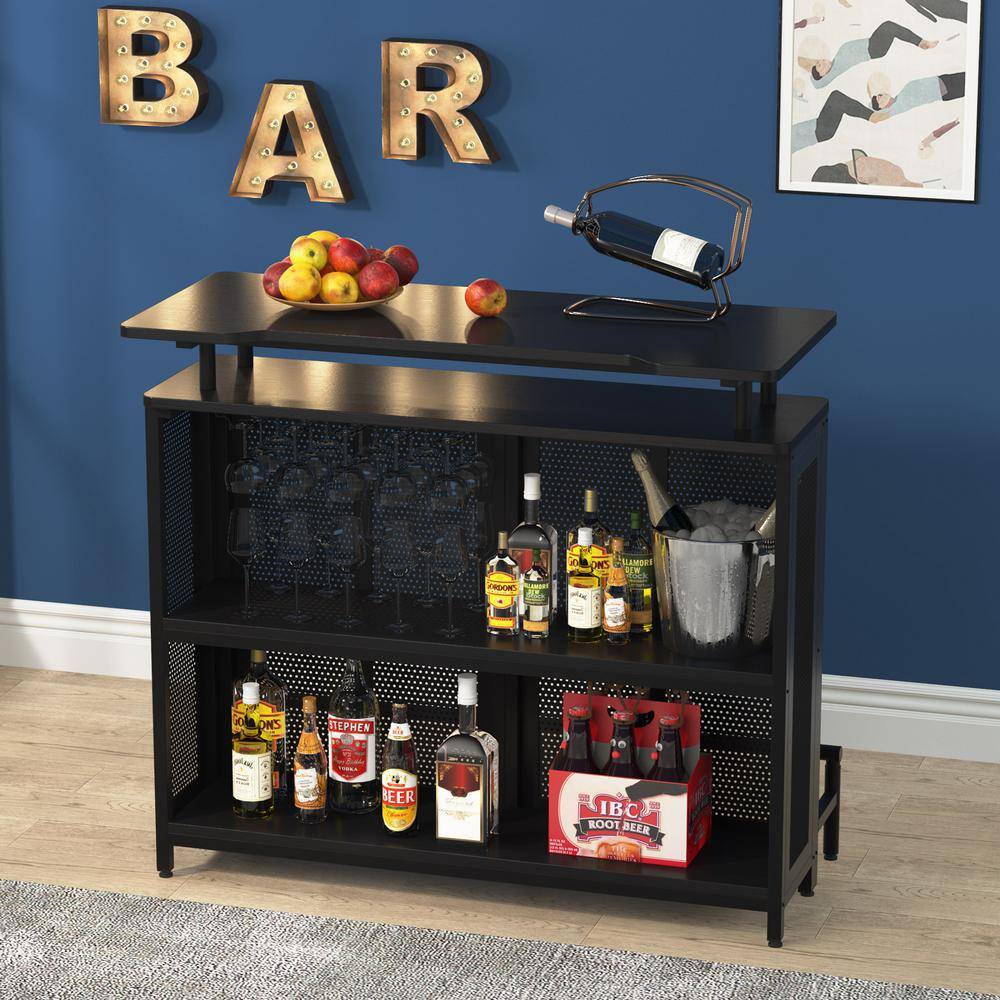 Buy Walter 47.2 in. Black Wood Home Bar Unit, 3-Tier Liquor Bar Table ...