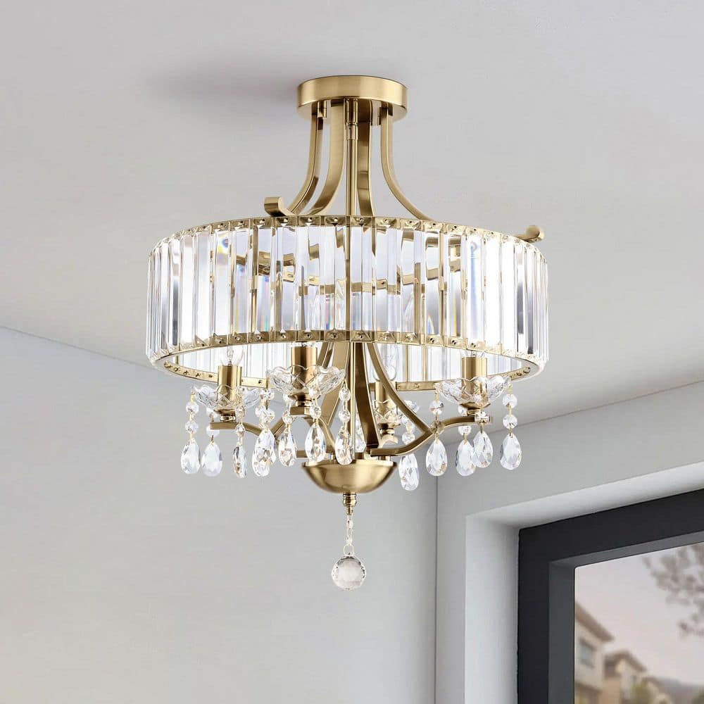 Maxax Jackson 16.5 in. 4-Light Brass Crystal Glam Flush Mount Lighting ...