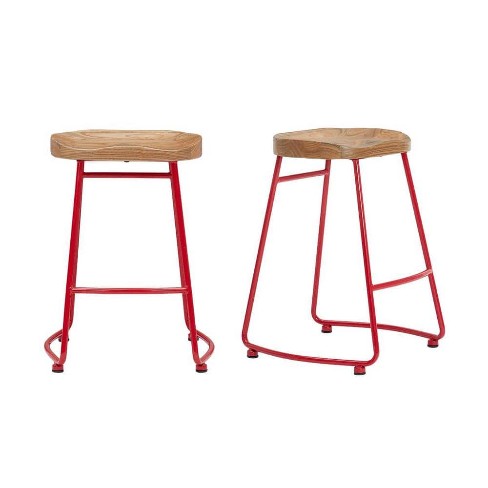 StyleWell Ruby Red Metal Backless Counter Stool with Wood Seat (Set of ...