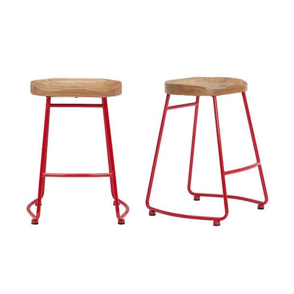StyleWell Ruby Red Metal Backless Counter Stool with Wood Seat (Set of ...