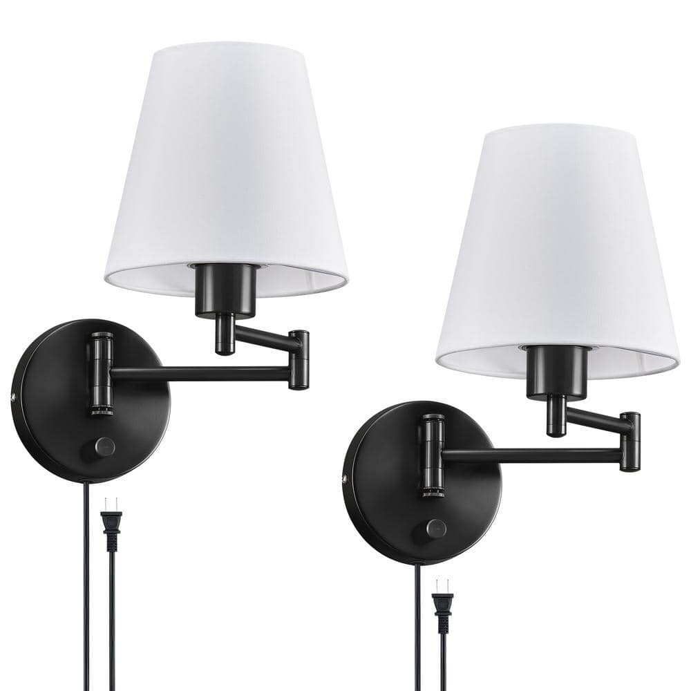 Merra 1-Light Black Swing Arm Wall Lamp with White Fabric Shade and 72 ...
