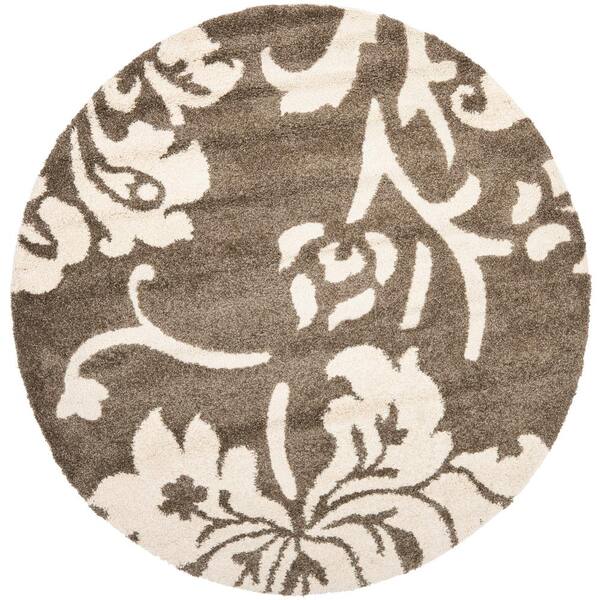SAFAVIEH Florida Shag Smoke/Beige 4 ft. x 4 ft. Round Solid Floral Area ...