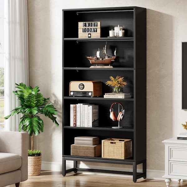 BYBLIGHT Eulas 70.8 in. Tall Black Wood 5-Shelf Standard Bookcase with ...