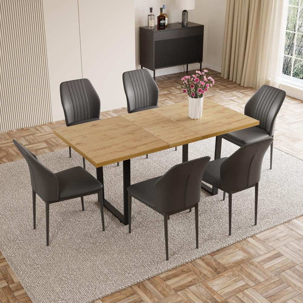 GOJANE 7-Piece Set of Black Chairs and Oak Rectangular Retractable ...