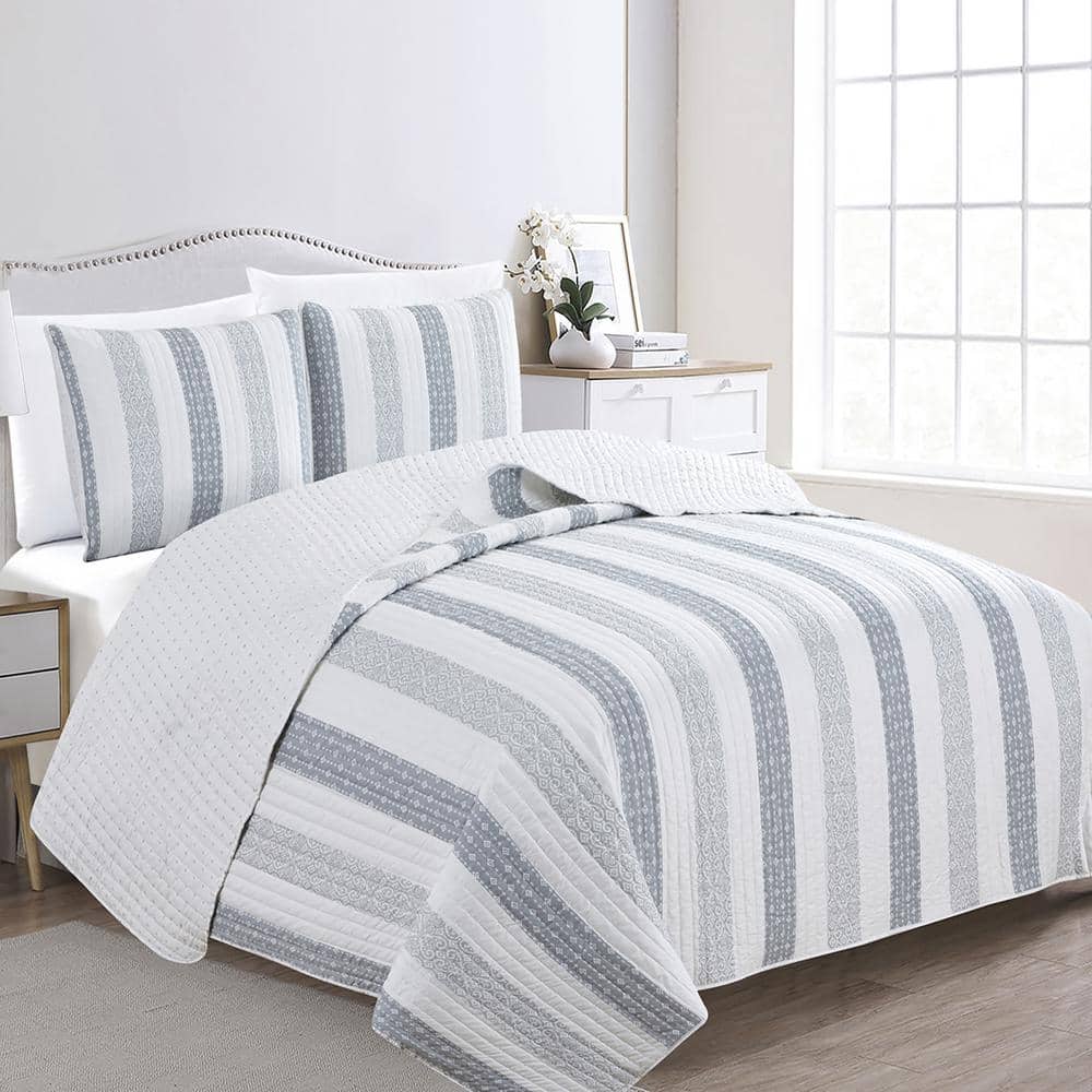 FRESHFOLDS Gray Striped Pattern King Microfiber 3-Piece Quilt Set ...