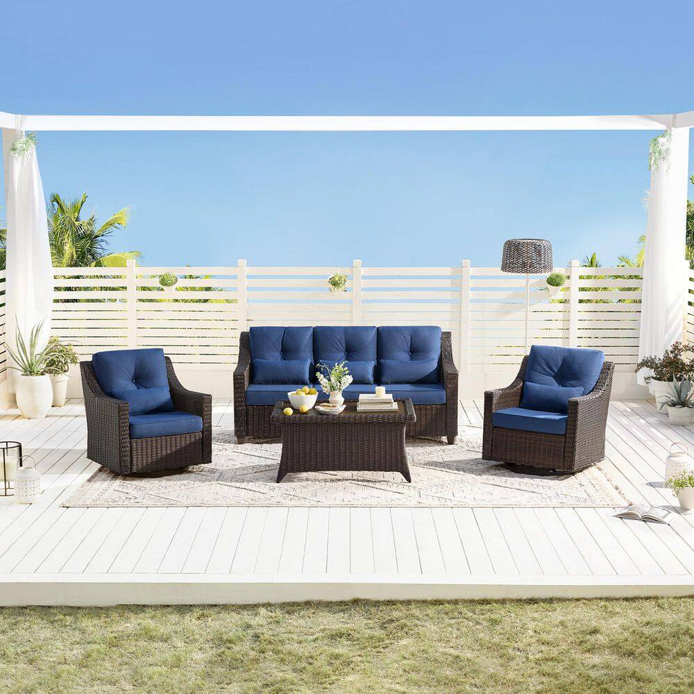 Spruce & Spring Thaddeus 4 Pieces Chestnut/Blue Fabric Wicker Living ...