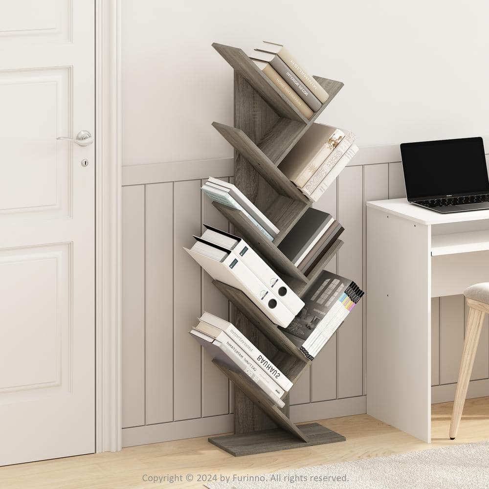 Furinno Tree 50.87 in Tall Oak Grey Wood 9-Shelf Tree Bookcase ...