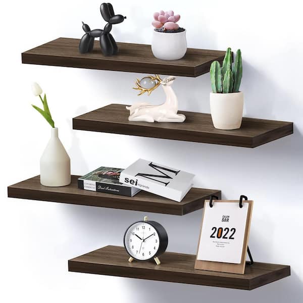 6 in. W x 16 in. D Brown Wood Floating Decorative Wall Shelf (Set of 4 ...