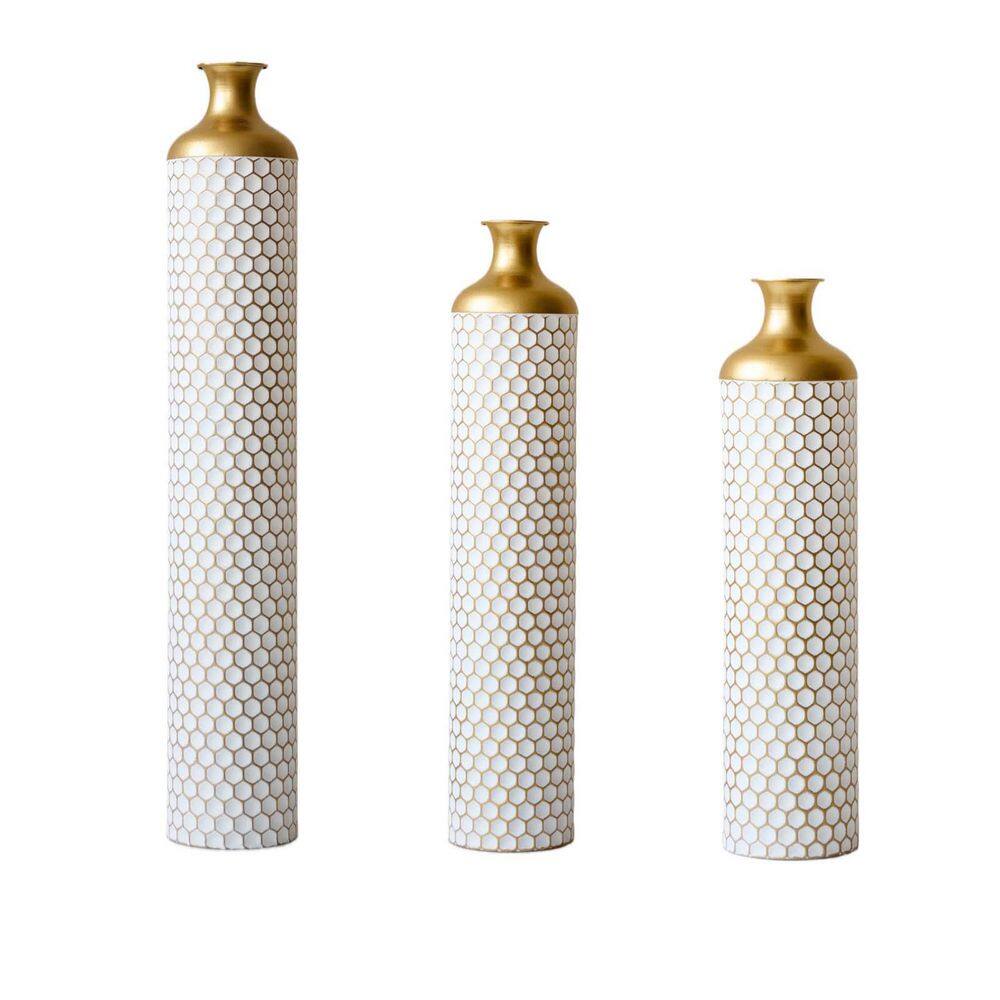 24 in. /28 in. /33 in. 3-Piece White and Gold Cylinder Large Metal Vase ...