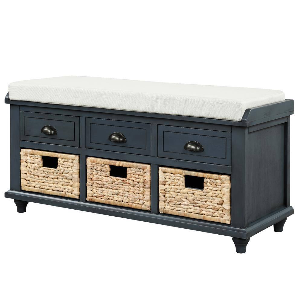 FORCLOVER Rustic Blue Storage Bench with Drawers and 3-Rattan Baskets ...