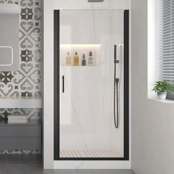 Aionor 30 in. W x 72 in. H Pivot Frameless Shower Door in Matte Black Finish with Clear Glass AN ...