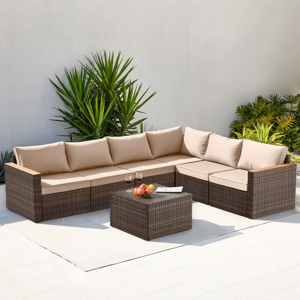 Runesay Brown 7-Piece Wicker Patio Conversation Set with Khaki Cushions ...