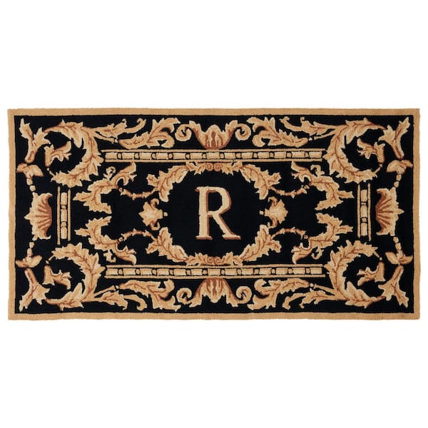 SAFAVIEH Monogram Black 3 ft. x 6 ft. "R" Ornate Leaf Indoor/Outdoor ...