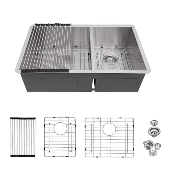 LIVACA 33 in. Undermount Double Bowl 16 Gauge Brushed Nickel Stainless ...