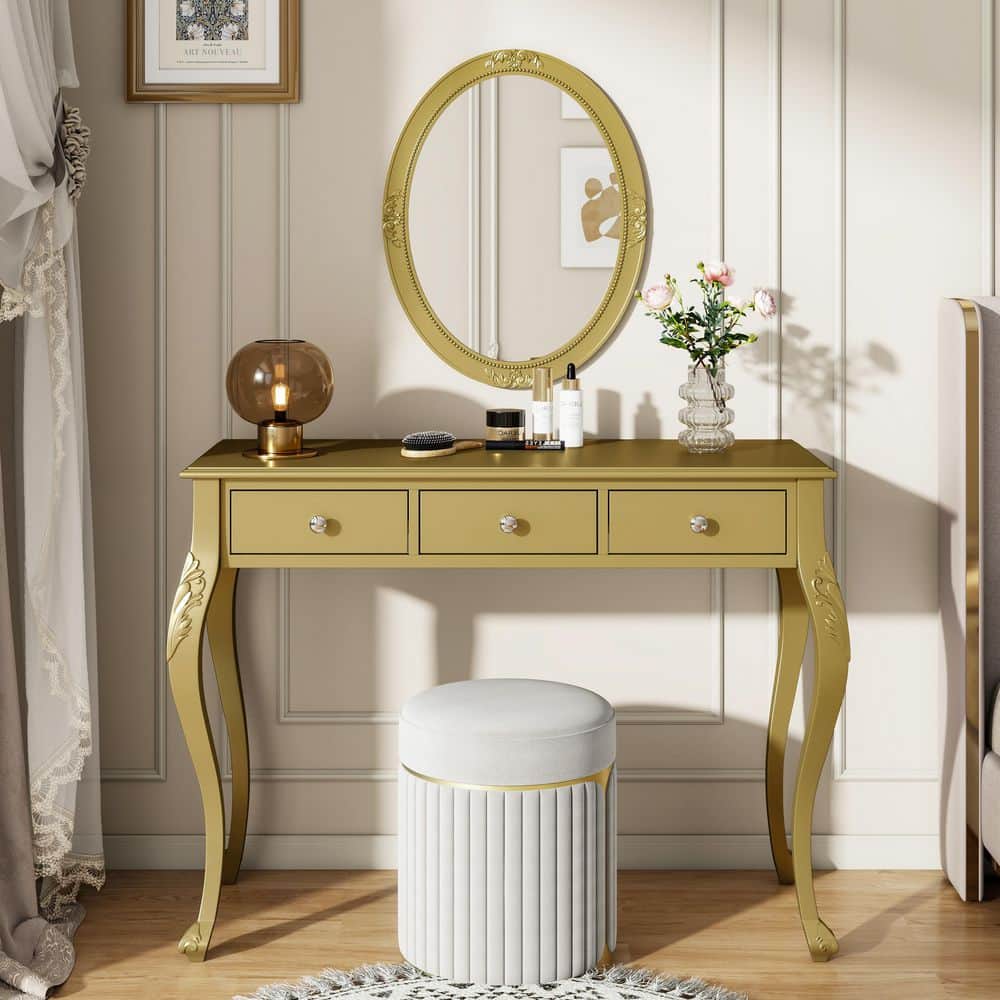 Gold Makeup Vanity Table, Luxury Makeup Vanity Desk with Oval Mirror, 3 ...