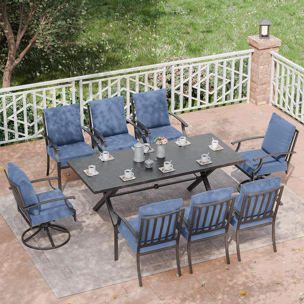 Halmuz 9-Piece Metal Patio Outdoor Dining Set with 2 Swivel Chairs, 6 ...