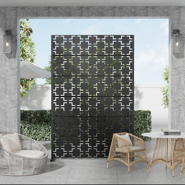 Wooakway 72 in. x 47 in. Black Metal Privacy Screen Fence Panel Square ...