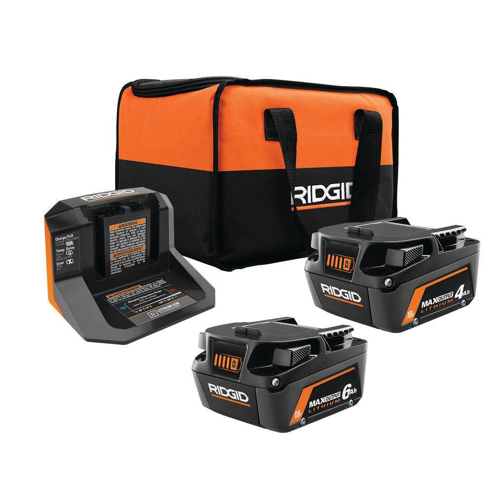 RIDGID 18V 6.0 Ah & 4.0 Ah MAX Output Batteries & Charger Kit w/ Bag ...