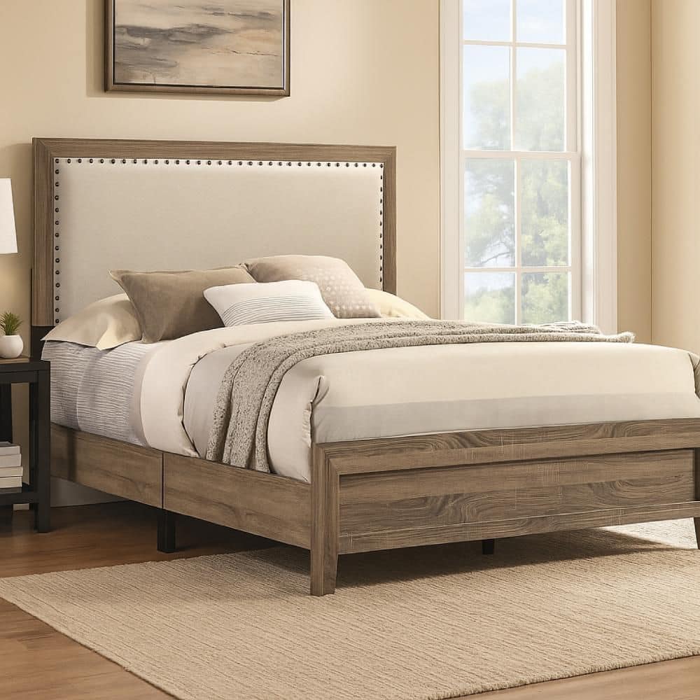 Benjara Shannon Gray and Ivory Wood Frame Queen Panel Bed with Nailhead ...