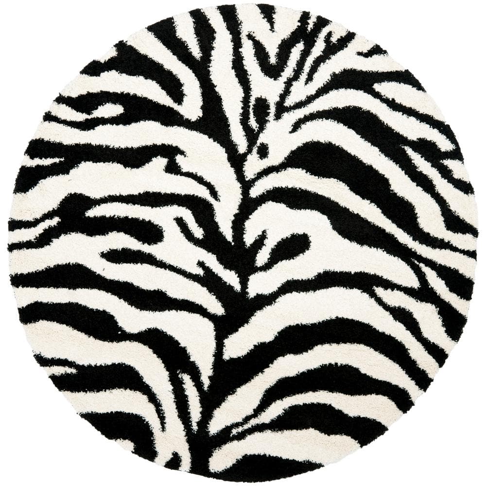 SAFAVIEH Florida Shag Ivory/Black 7 ft. x 7 ft. Round Animal Print Area ...