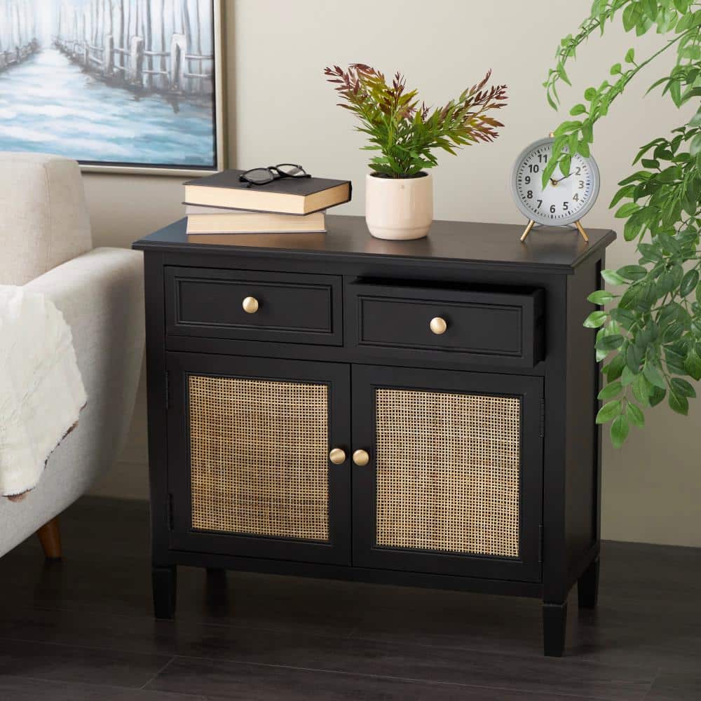 Litton Lane Black Wood 26 in. 2 Drawers and 2 Door Cabinet with Rattan ...