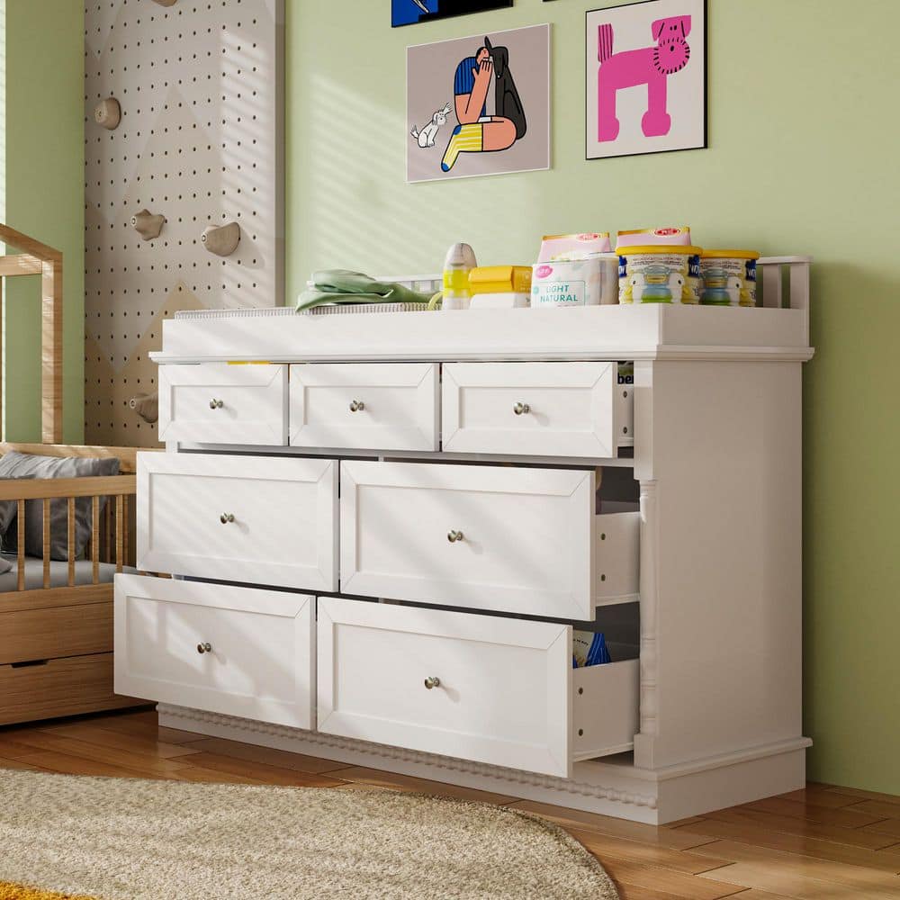 FUFU&GAGA White Wood Changing Table with 7-Drawers, Guardrail Top, Anti ...