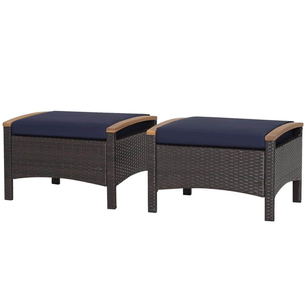 ANGELES HOME Wicker Patio Outdoor Ottoman Fade-Resistant with Navy ...
