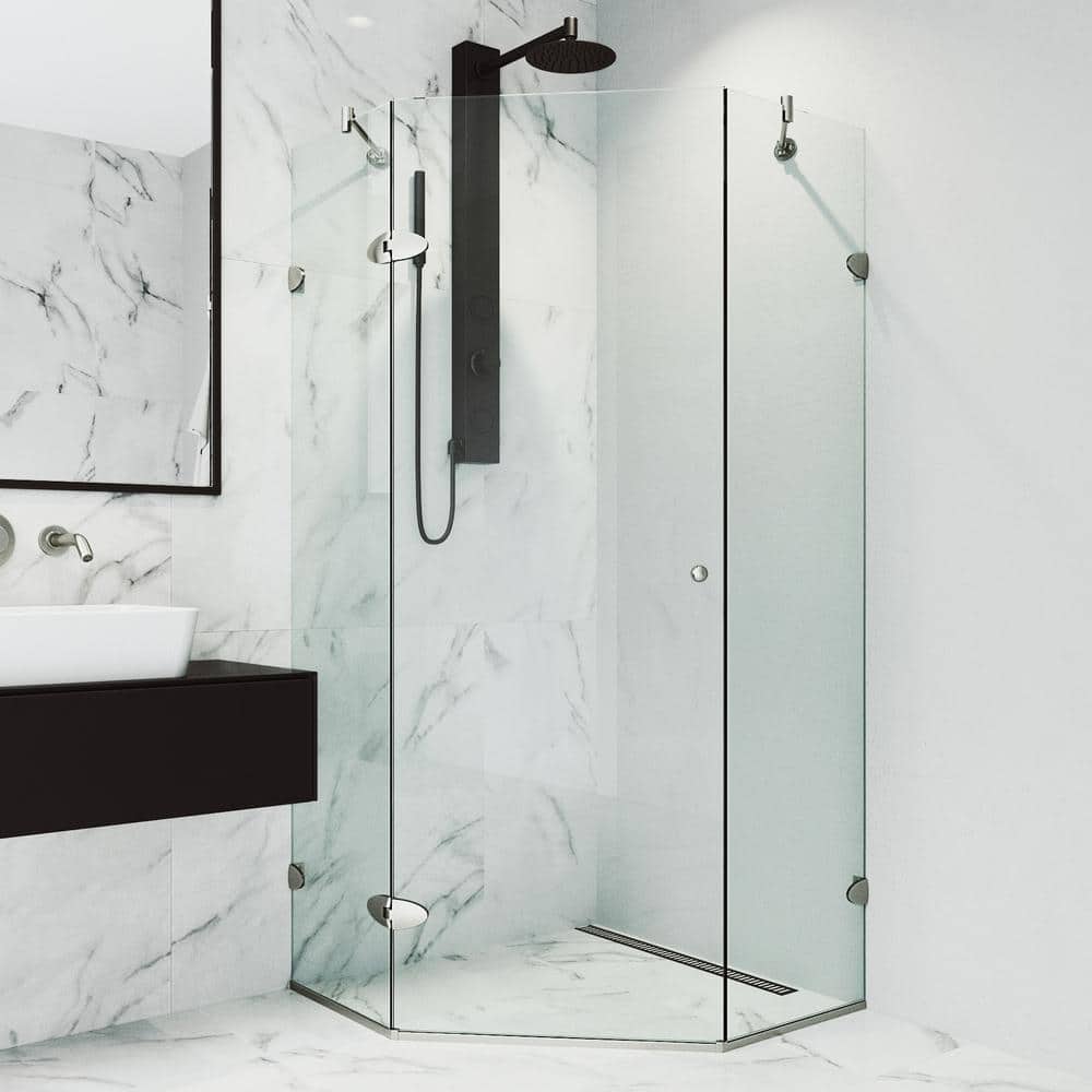 VIGO Verona 38 in. L x 38 in. W x 73 in. H Frameless Pivot Neo-angle Shower Enclosure in Brushed ...