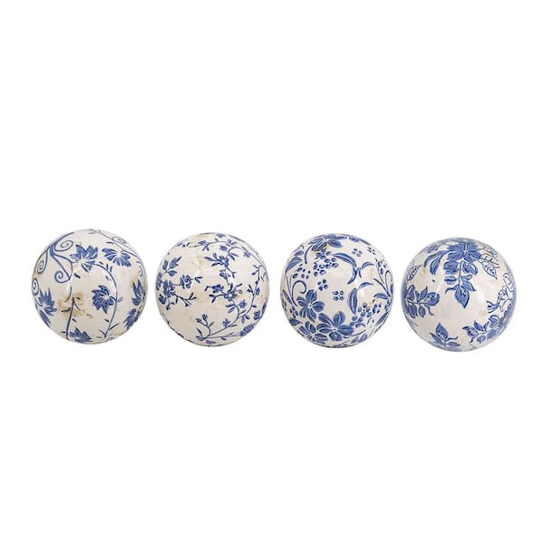 4 x 4 x 3.5 in. Blue and White Ceramic Decor Balls with Floral Patterns ...