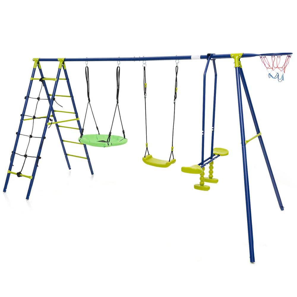 Gymax 4-Persons Plastic Patio Swing Set with 2 Height Adjustable Swings ...