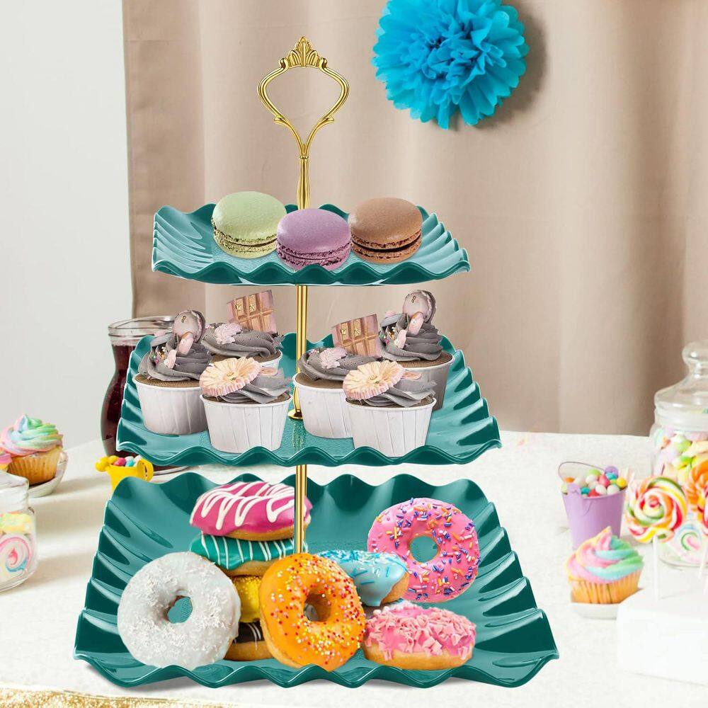 Anqtovp 3-Tier Green Plastic Cake Stand for Tea Party/Birthday/Wedding ...