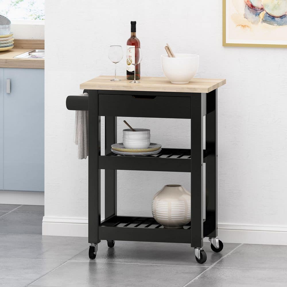 Black Kitchen Cart with Long Drawer, 2 Shelves and Towel Holder AJ-2-B ...