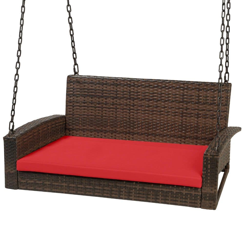 50 in. 2-Person Brown Wicker Porch Swing with Red Cushion ZSKY6106 ...