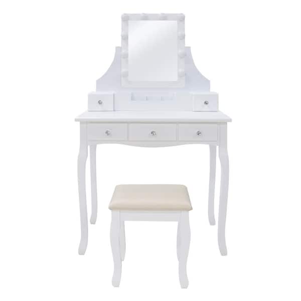 VEIKOUS Modern Wooden White Makeup Vanity Sets with Rectangle LED Light ...