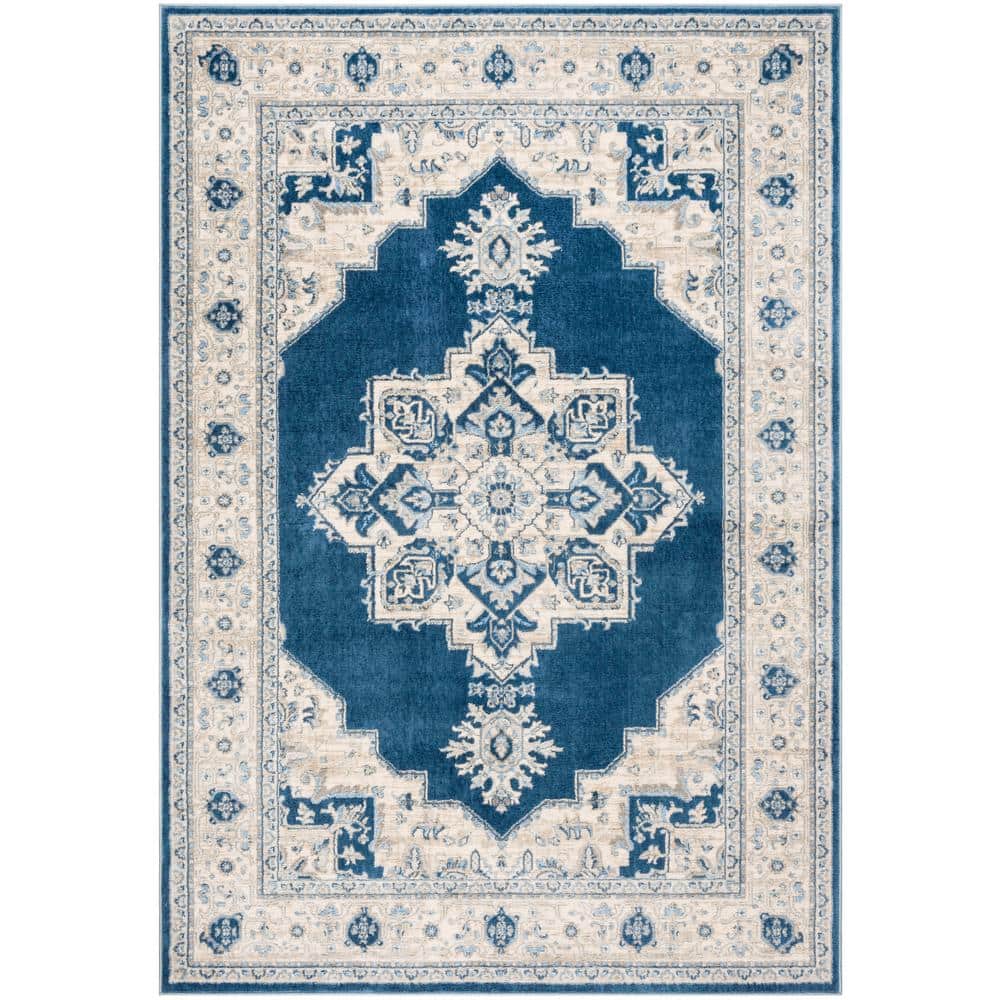 SAFAVIEH Brentwood Navy/Cream 6 ft. x 9 ft. Floral Medallion Border ...
