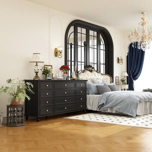 FUFU GAGA 63 in. L Black Rectangle Wooden Console Table Entry Table with 12 Drawers Wooden Legs European Style KF390033 02 c