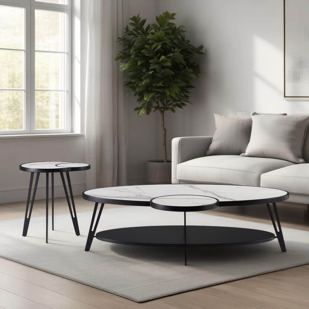 Armen Living Banks 53 in. Black Oval Sintered Stone Coffee Table Set ...