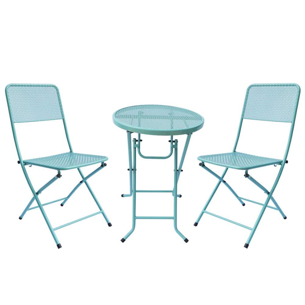 Blue 3-Piece Metal Round Outdoor Bistro Set with 2 Folding Chairs ZQ-YL ...